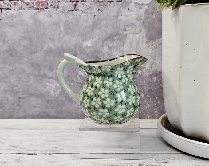 Small Ceramic Creamer / Pitcher, Green With White Flowers - Etsy