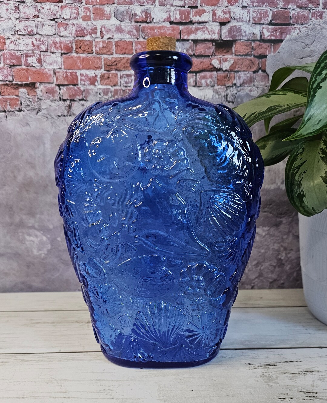 Vintage Cobalt Blue Pressed Glass Seashell Pattern Bottle Made in ...