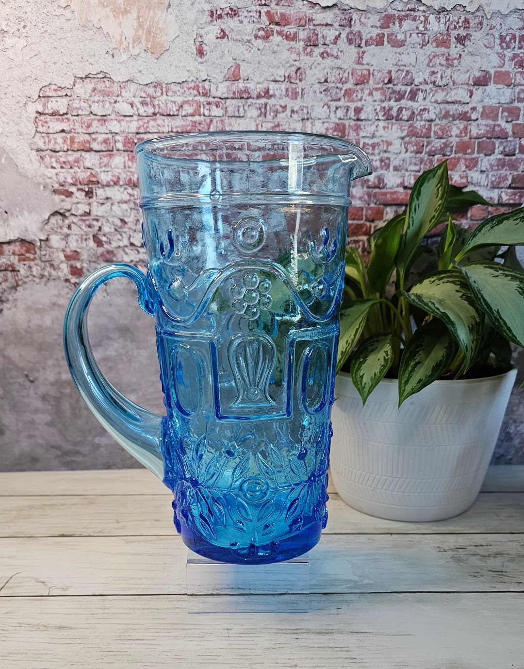 Rare Vintage Art Glass Blue Pitcher With Attached Handle - Etsy