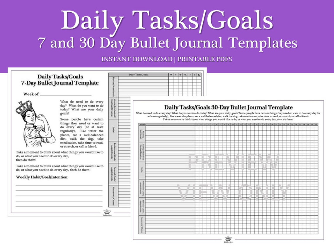 Daily Tasks/goals Bullet Journal Template Pages 7 and 30 Day - Etsy