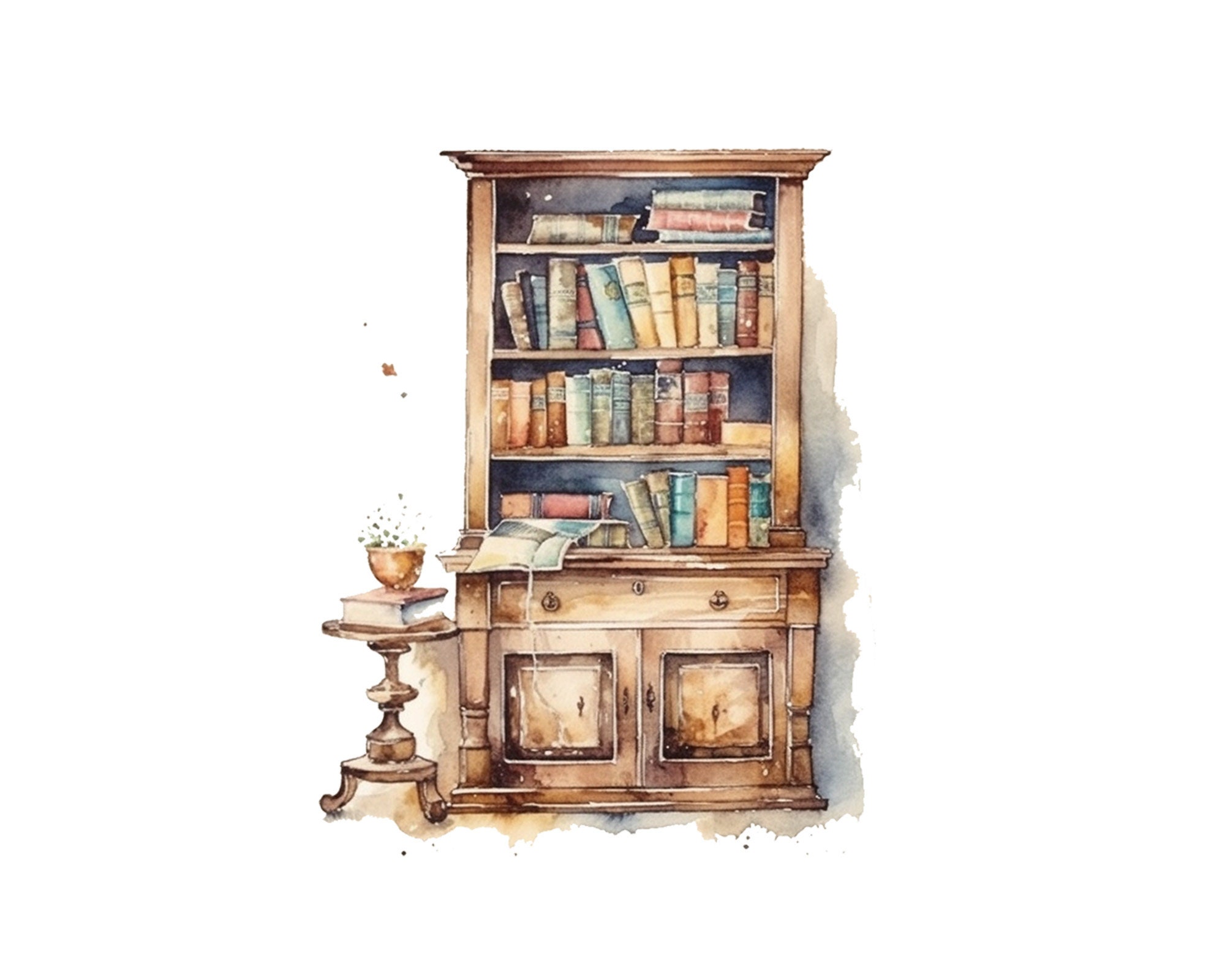 Watercolor Antique Bookshelf, 4 High Quality Pngs, Bookshelf Clipart ...