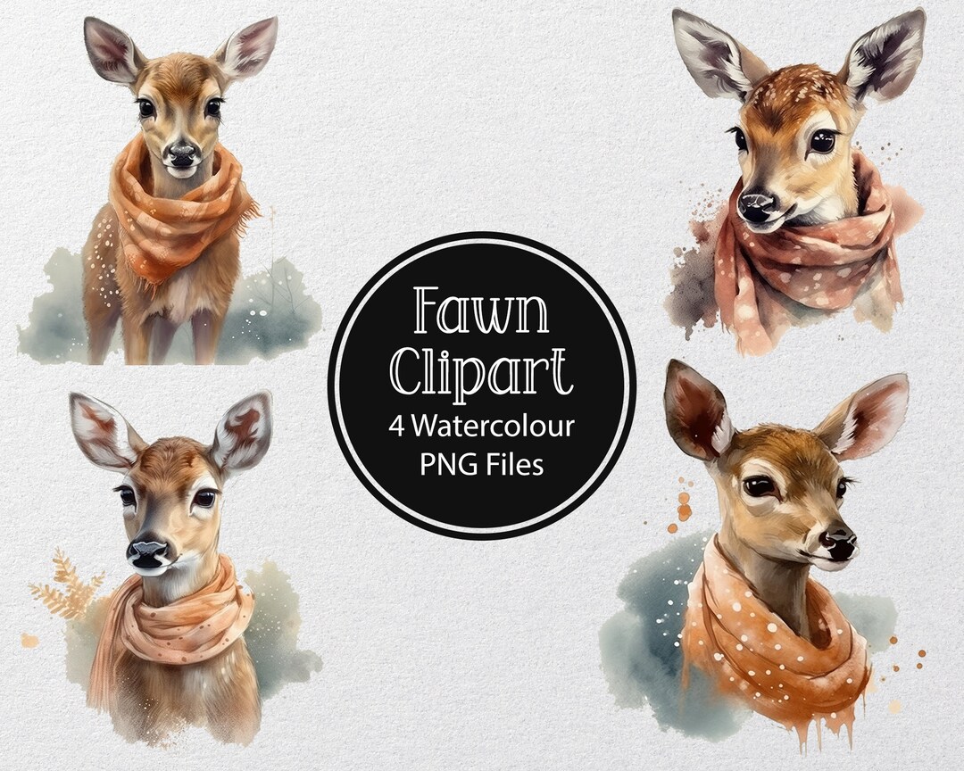 Watercolor Fawn in Scarf Png, 4 High Quality Pngs, Fawn Clipart, Fawn ...