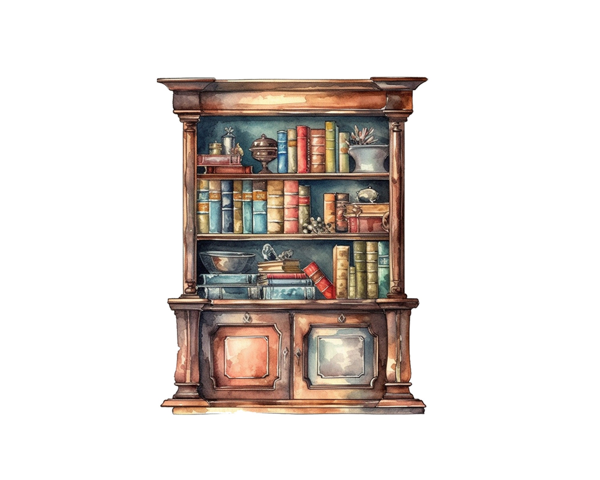 Watercolor Antique Bookshelf, 4 High Quality Pngs, Bookshelf Clipart ...