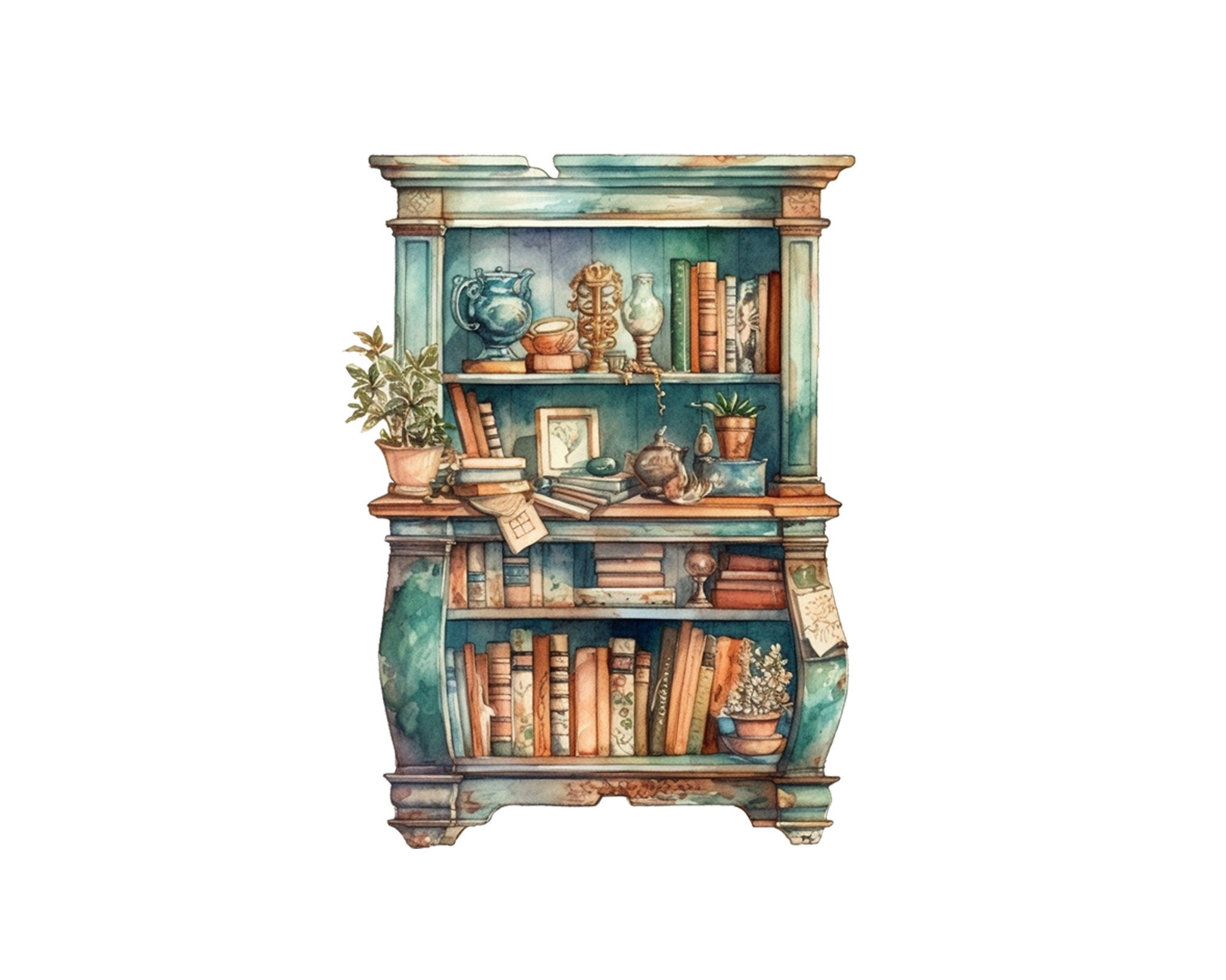 Watercolor Antique Bookshelf, 4 High Quality Pngs, Bookshelf Clipart ...