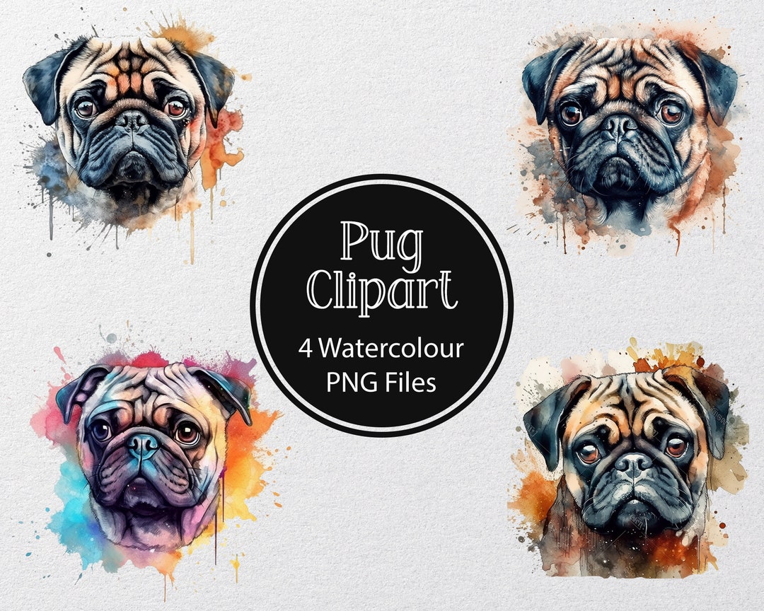 Watercolor Pug Png, 4 High Quality Pngs, Animals Png, Pug PNG, Paper ...