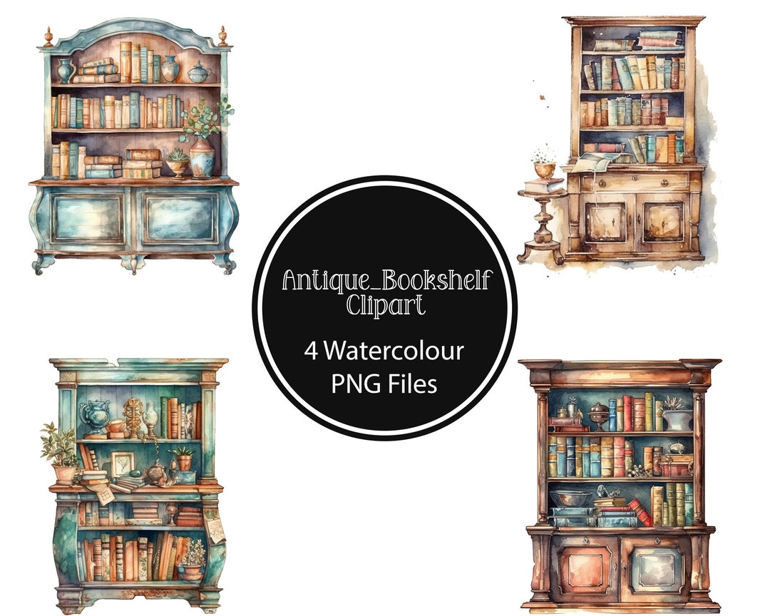 Watercolor Antique Bookshelf, 4 High Quality Pngs, Bookshelf Clipart ...