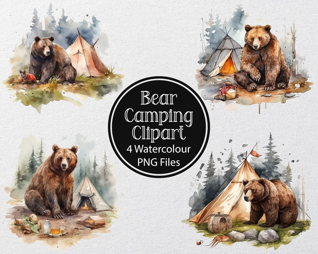 Watercolor Bear Camping Png, 4 High Quality Pngs, Bear Clipart, Bear ...