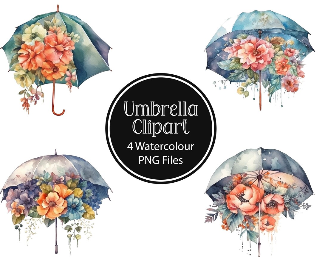 Watercolor Floral Umbrella, 4 High Quality Pngs, Umbrella Clipart ...