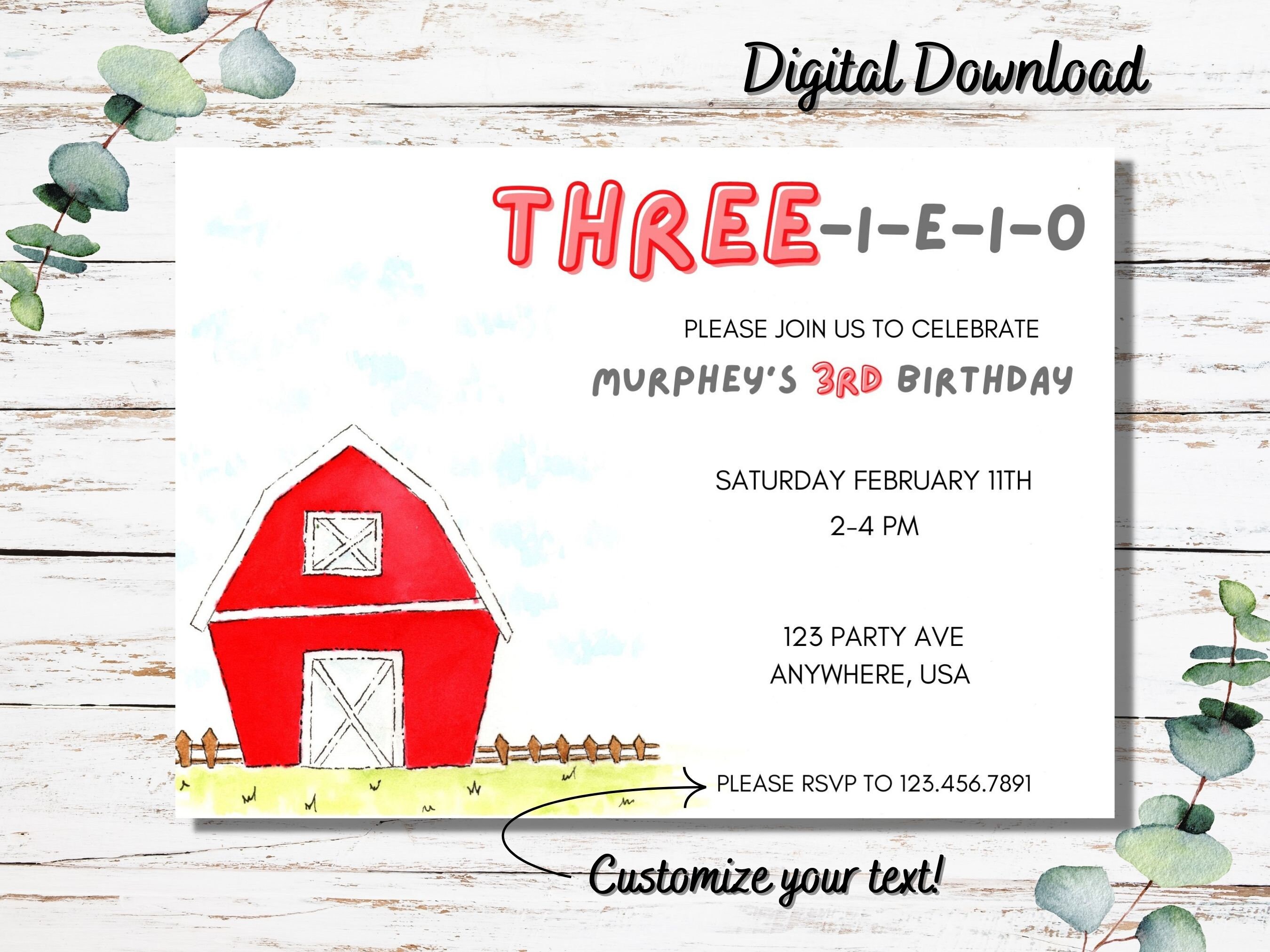 Three-i-e-i-o Invitation, Custom Watercolor, Custom Birthday ...