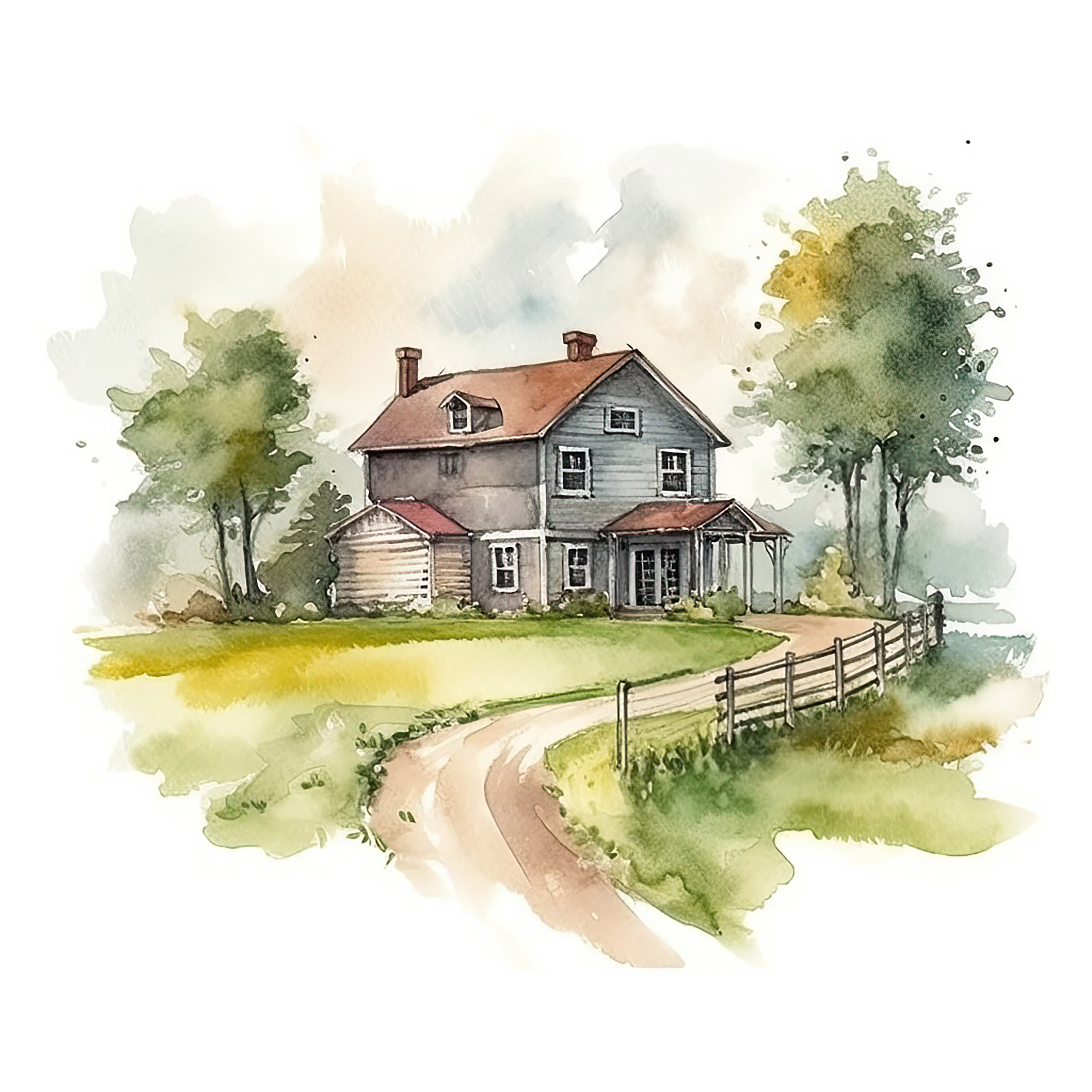 Farmhouse Water Color Painting | 12 High Quality JPG Clipart Pack ...