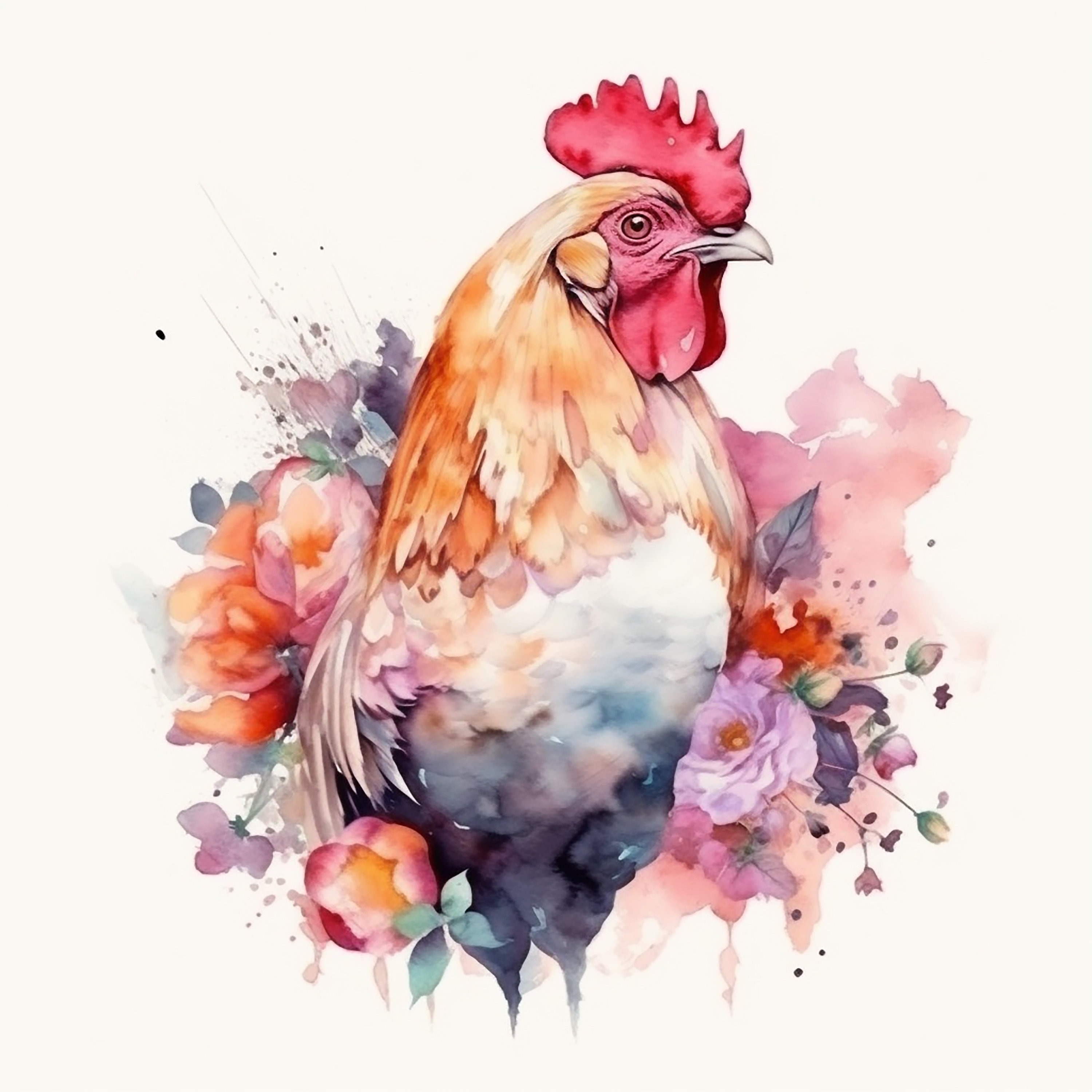 Chicken and Flowers Water Color Painting 12 High Quality JPG - Etsy