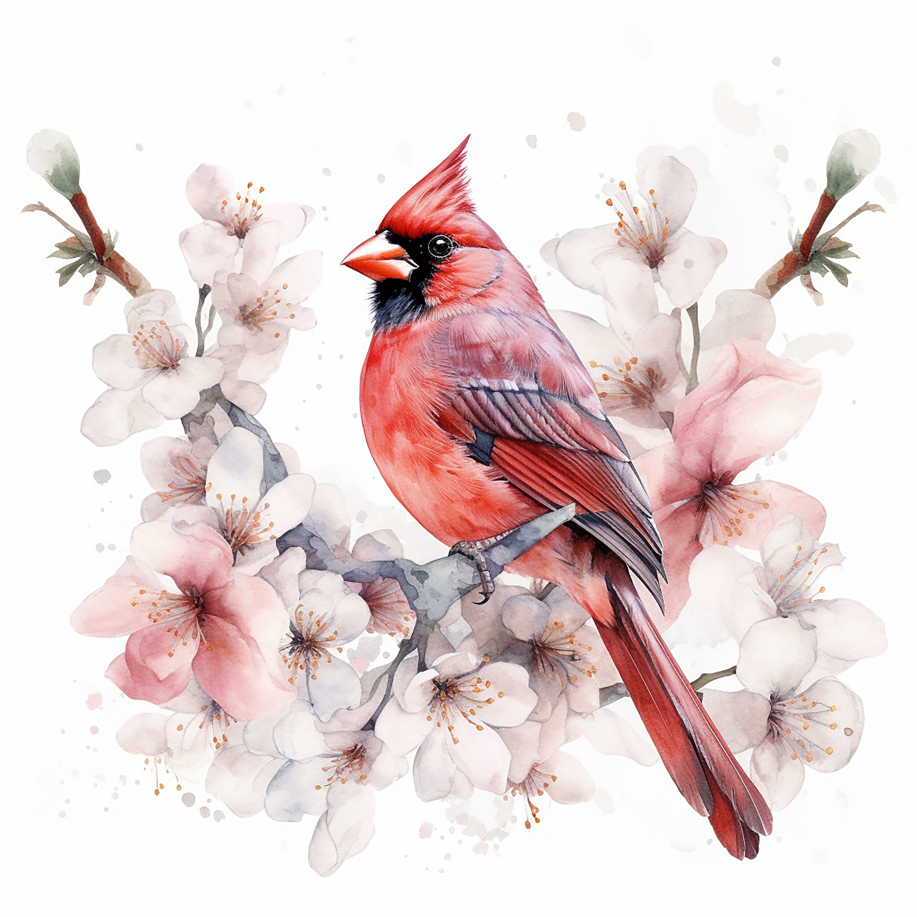 Cardinal and Cherry Blossoms Water Color Painting | 12 High Quality JPG ...