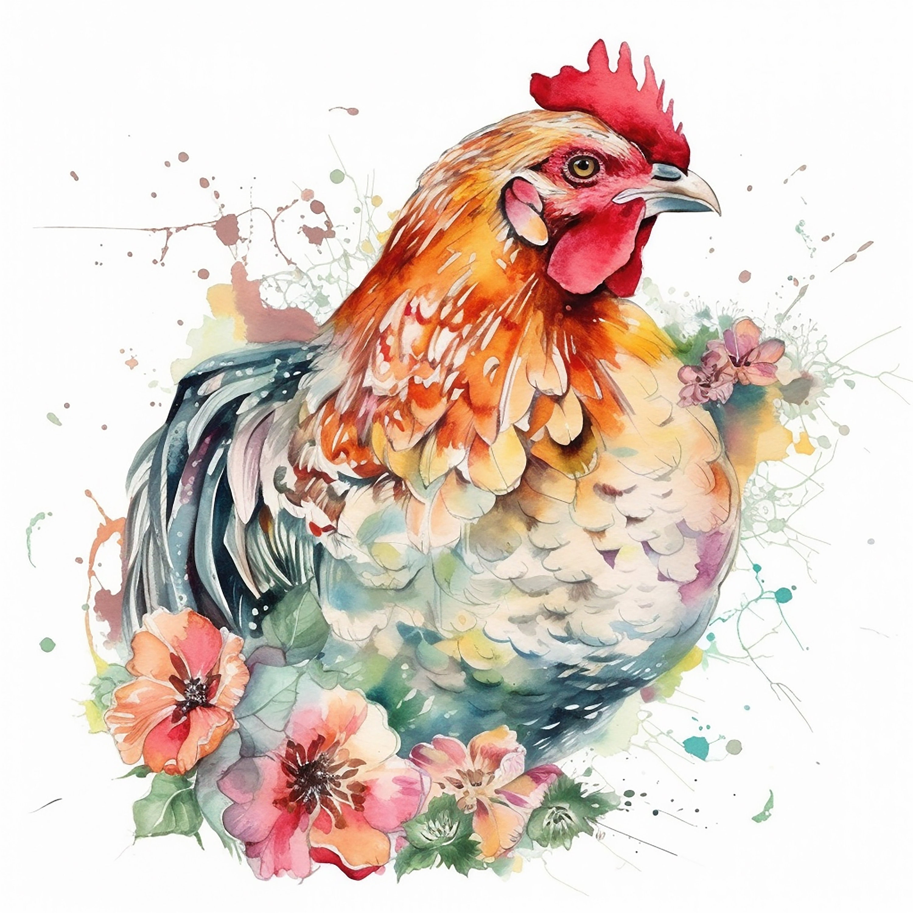 Chicken and Flowers Water Color Painting 12 High Quality JPG - Etsy