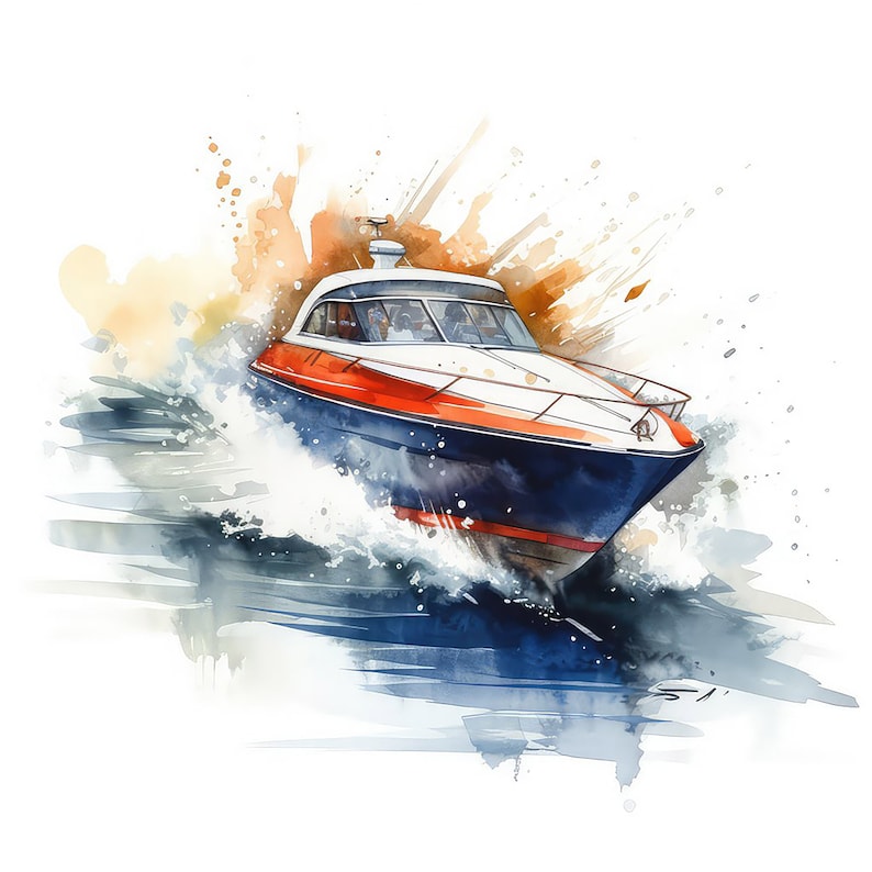 Speed Boat Water Color Painting | 12 High Quality JPG Clipart Pack ...