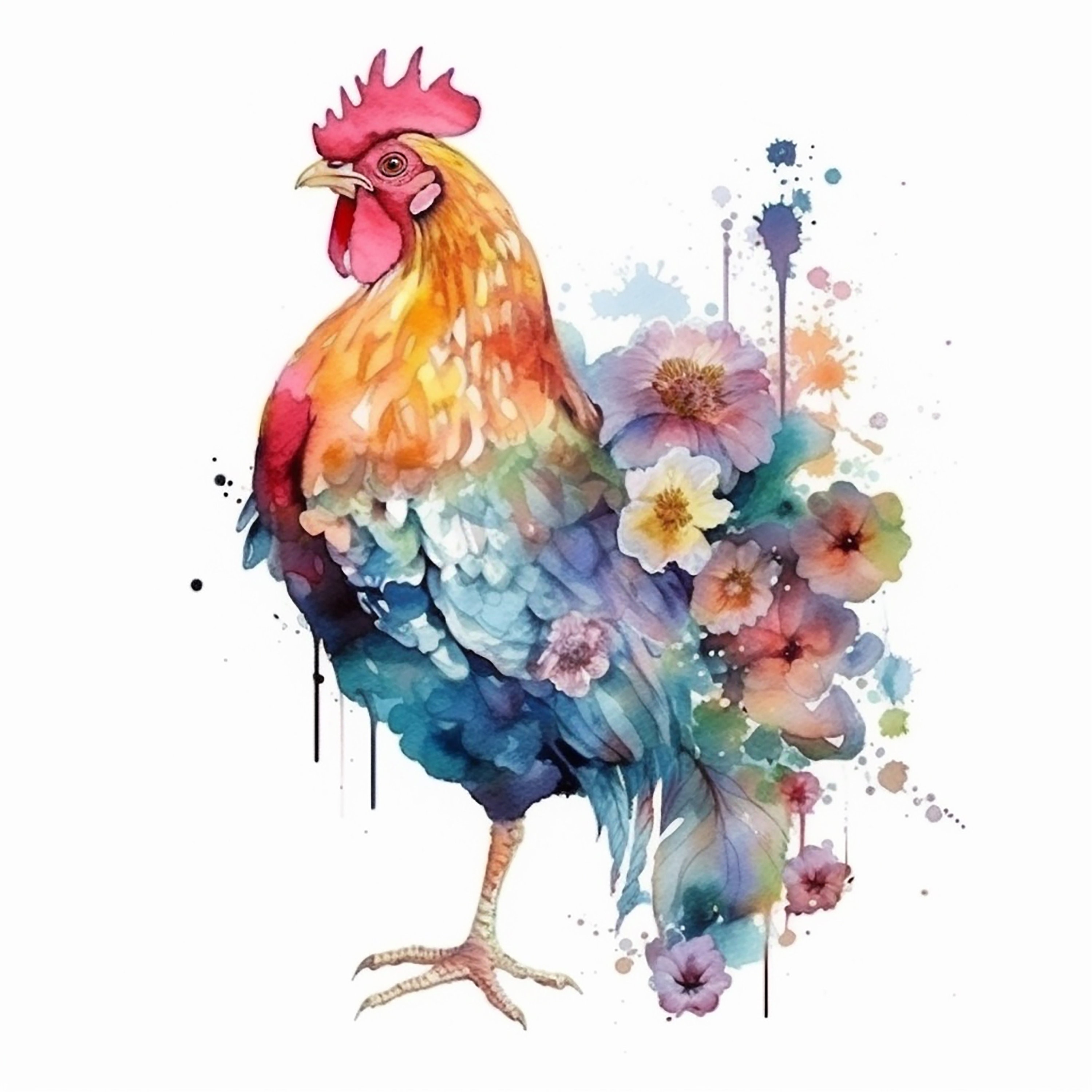 Chicken and Flowers Water Color Painting 12 High Quality JPG Clipart ...