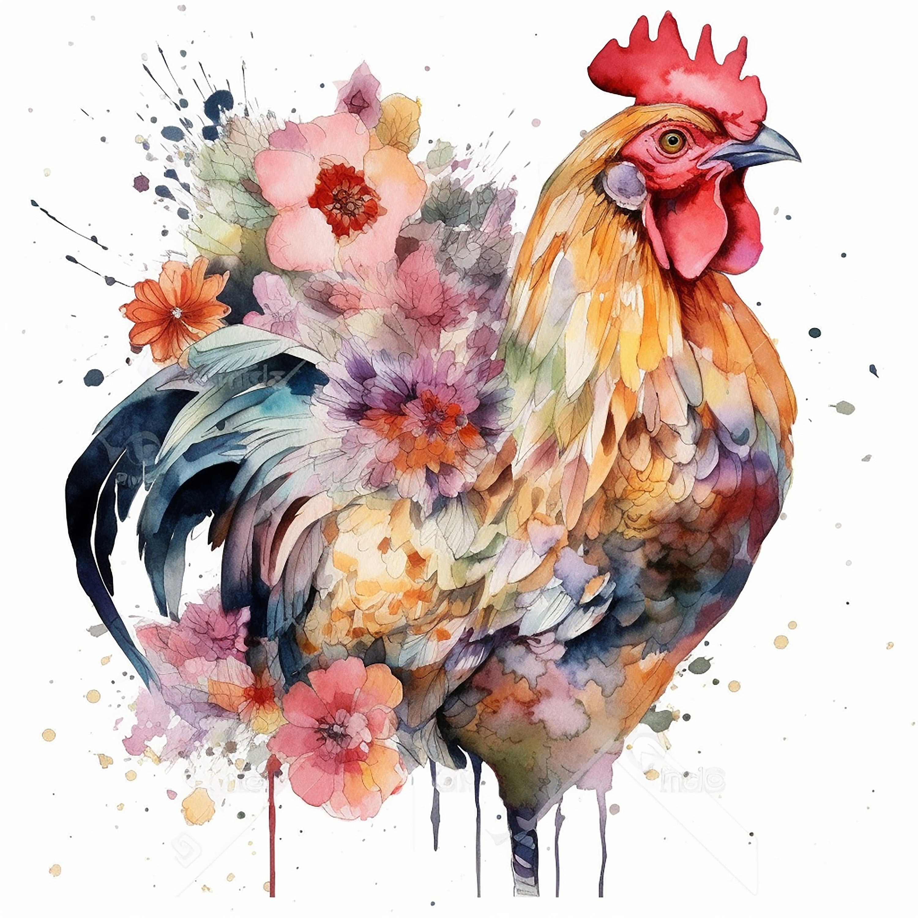 Chicken and Flowers Water Color Painting 12 High Quality JPG Clipart ...