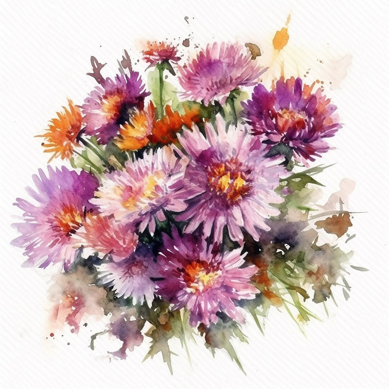 Aster Bouquet Water Color Painting | 12 High Quality JPG Clipart Pack ...