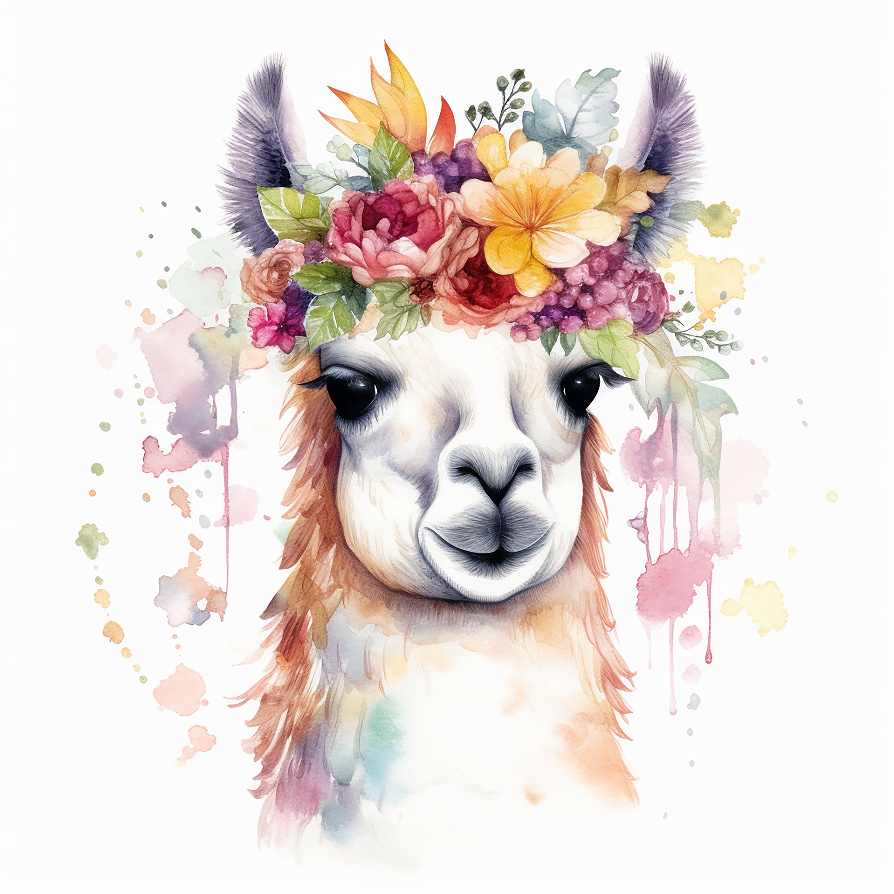 Llama With a Crown of Flowers Water Color Painting | 12 High Quality ...