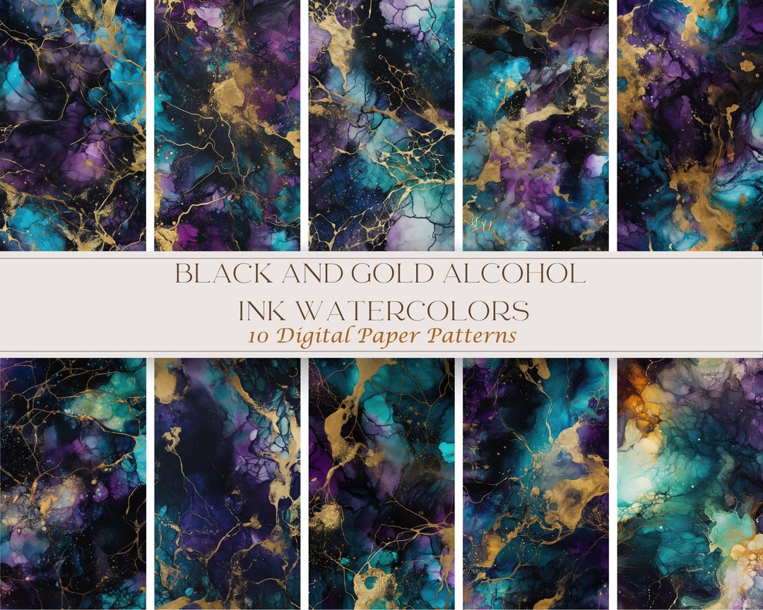 Black and Gold Alcohol Ink Water Color Digital Paper Pack | 10 High ...