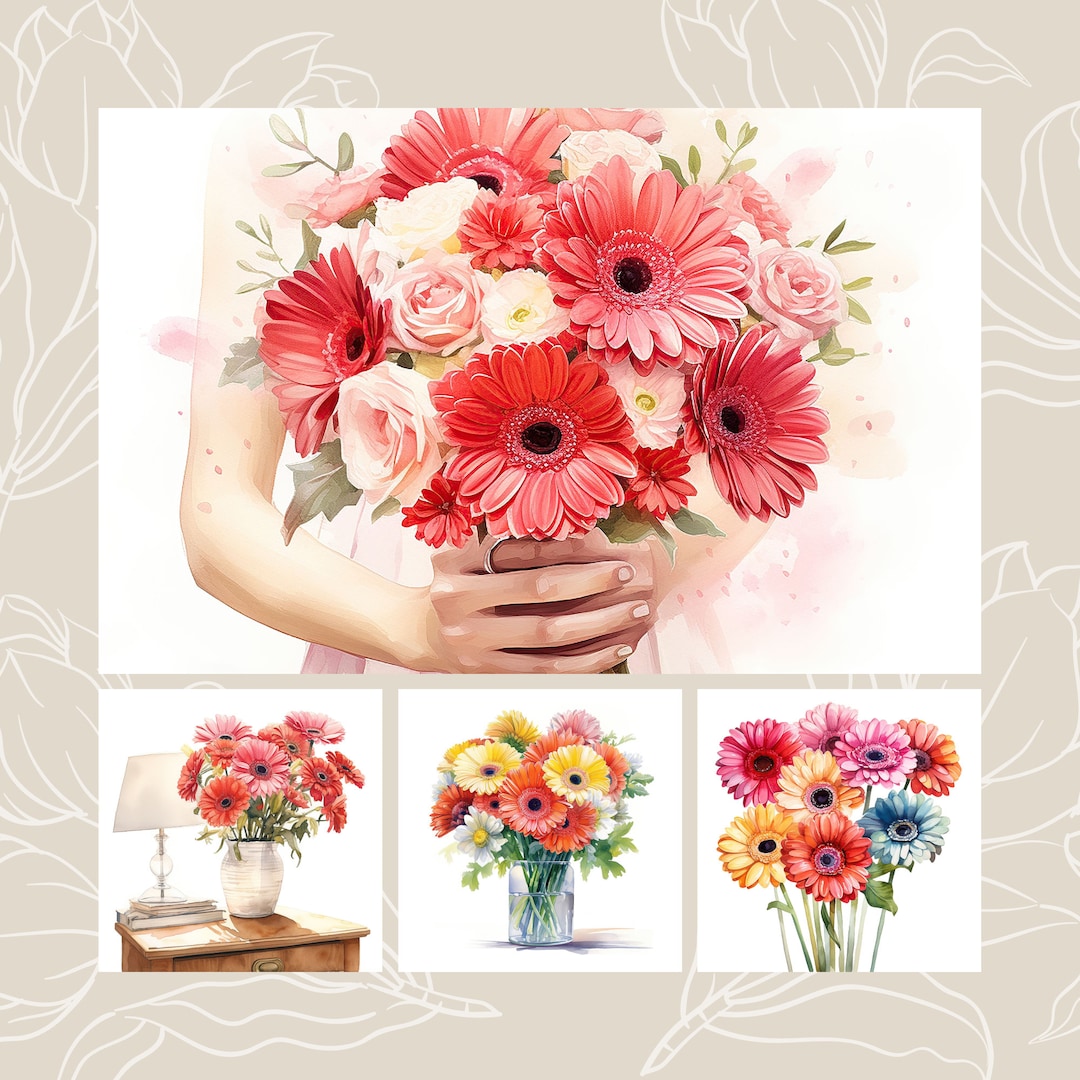Assorted Gerbera Flower Bouquet| Water Color Painting | 15 High Quality ...