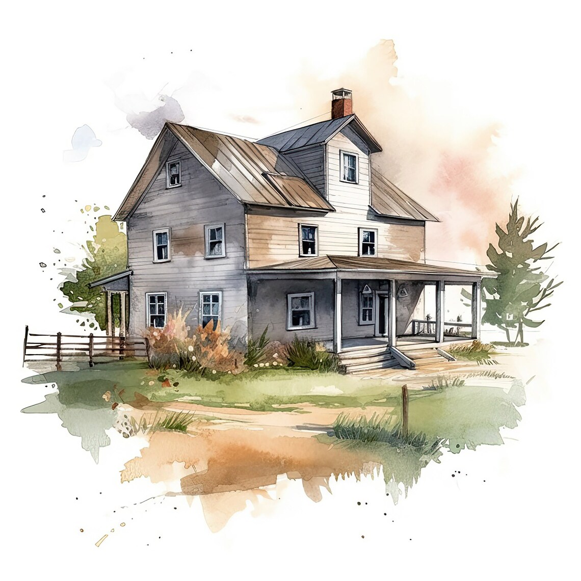 Farmhouse Water Color Painting 12 High Quality JPG Clipart Pack Digital ...