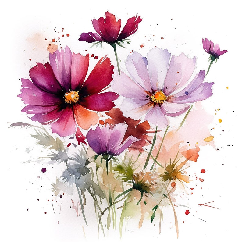 Cosmos Bouquet Water Color Painting | 12 High Quality JPG Clipart Pack ...
