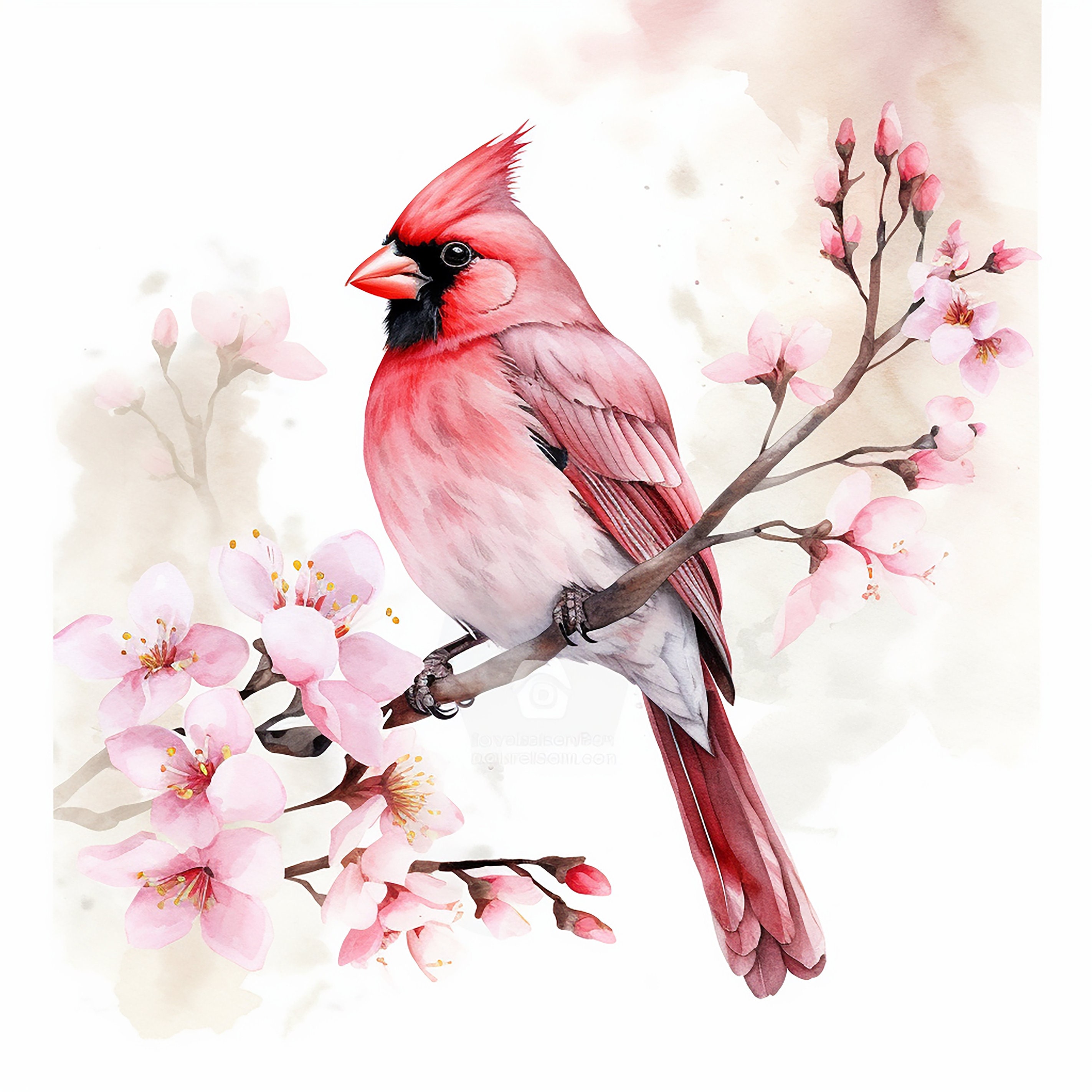Cardinal and Cherry Blossoms Water Color Painting | 12 High Quality JPG ...