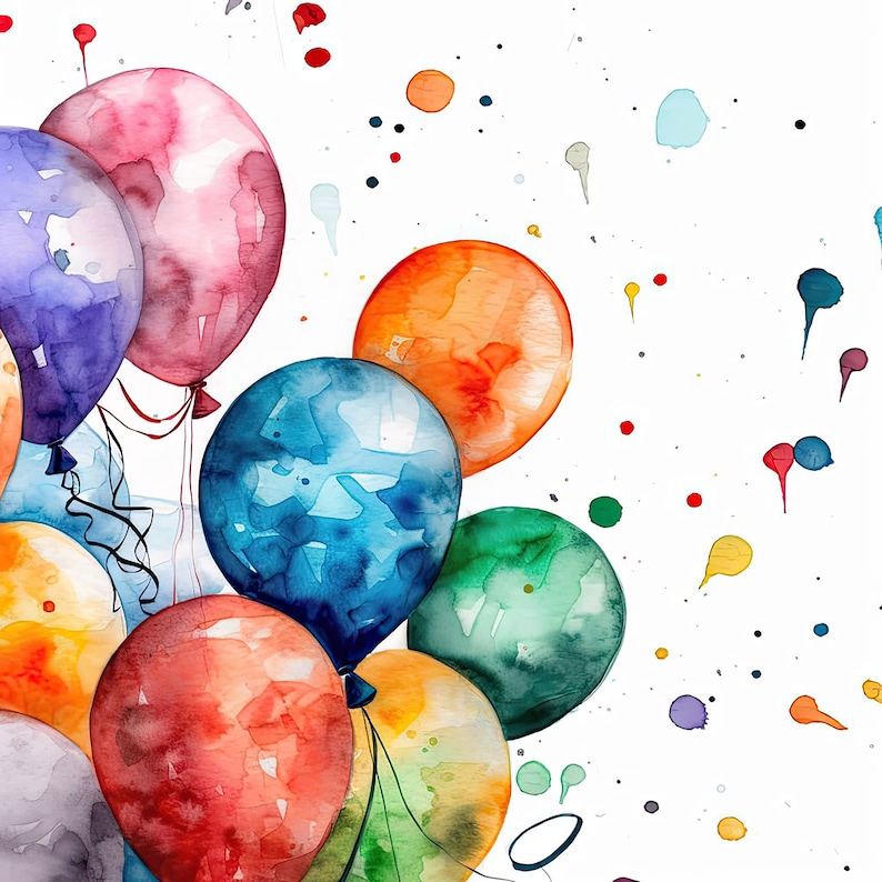 Geburtstag Luftballons und Luftschlangen Aquarell Malerei | 12 ...