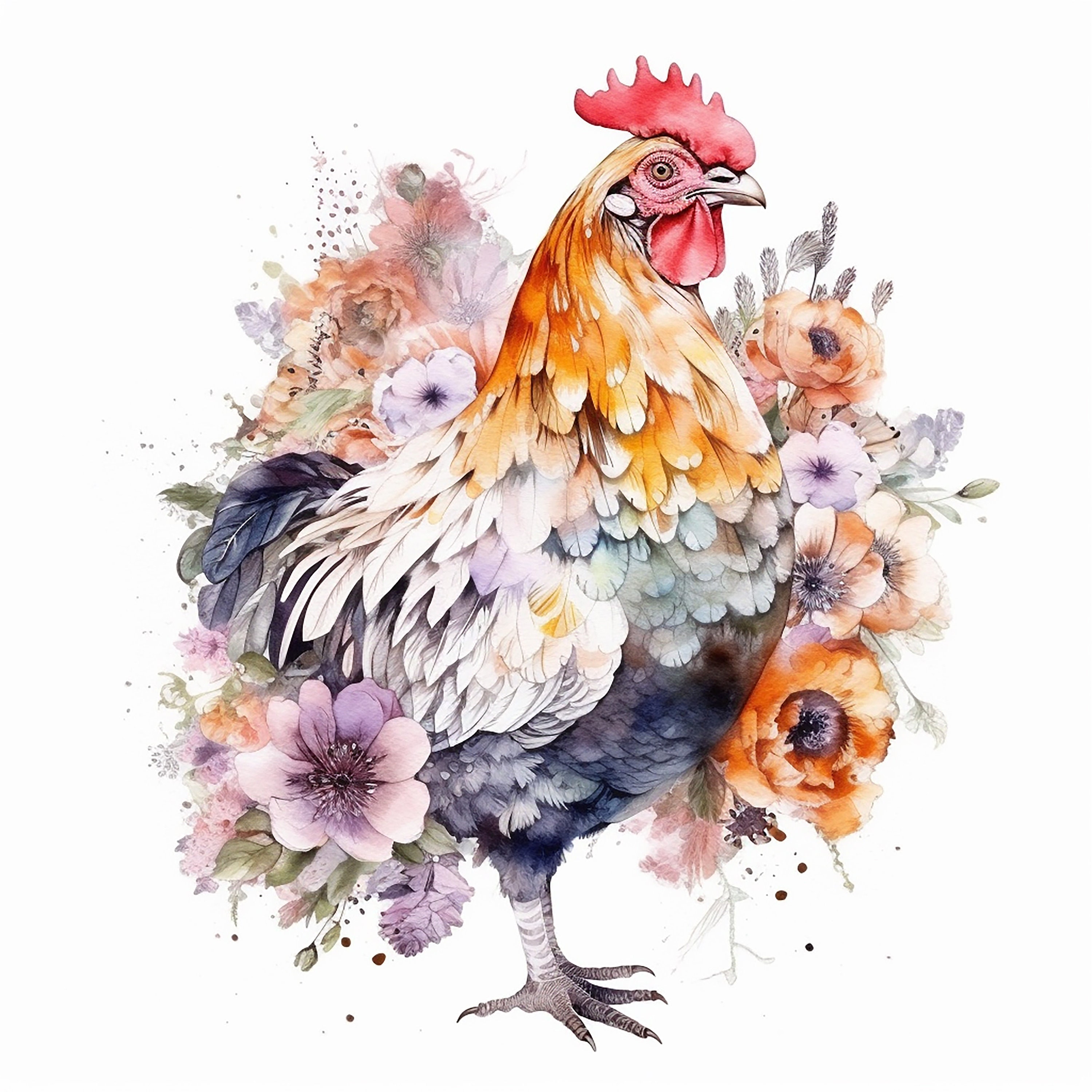 Chicken and Flowers Water Color Painting 12 High Quality JPG - Etsy