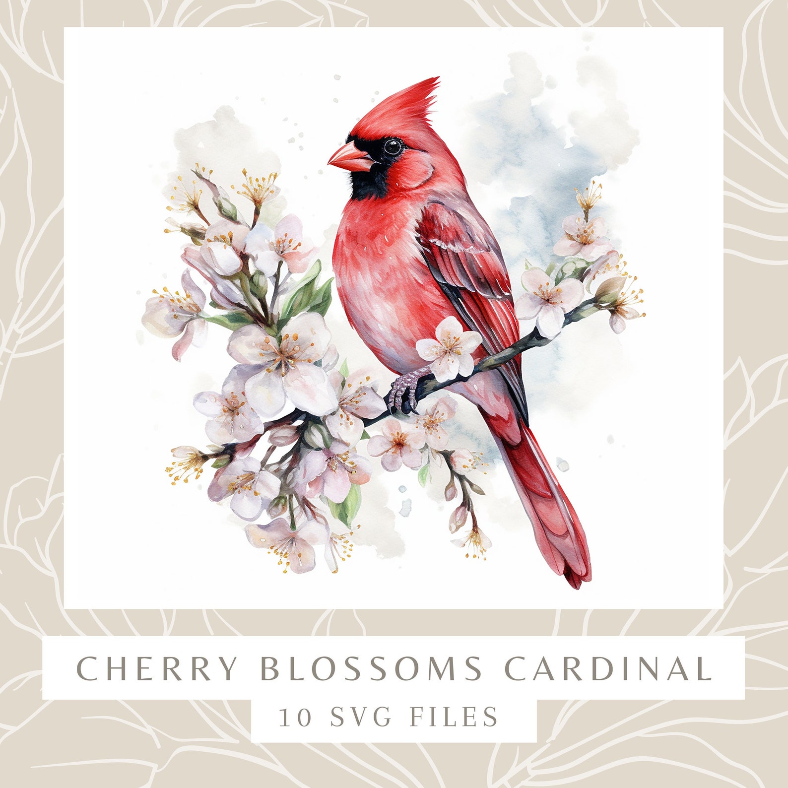 Cardinal and Cherry Blossoms Water Color Painting | 12 High Quality JPG ...