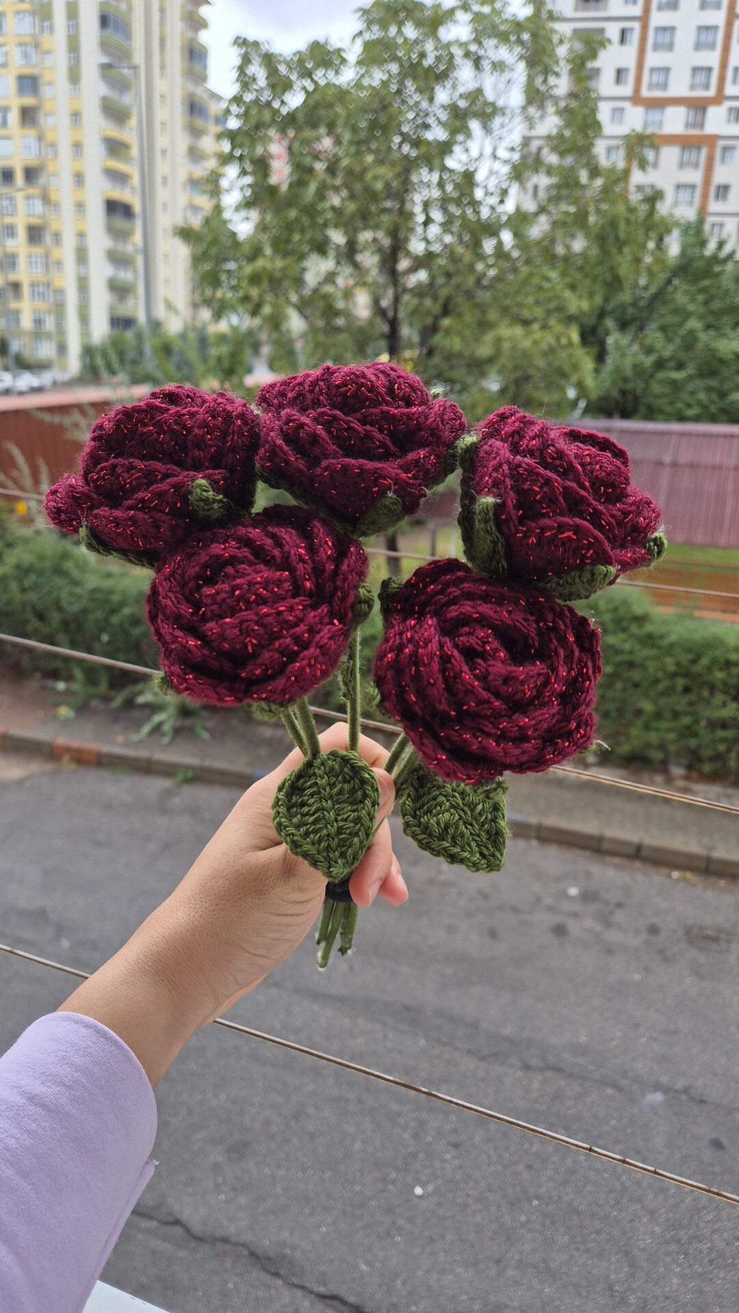 5pcs,crochet Flower Bouquet Rose, Shinny Cherry Red , Handmade Gift ...