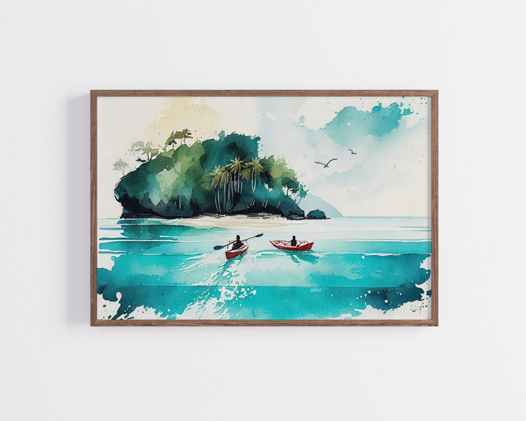 Tropical Sea Kayaking Kayaks in the Sea Watercolor Painting Printable ...