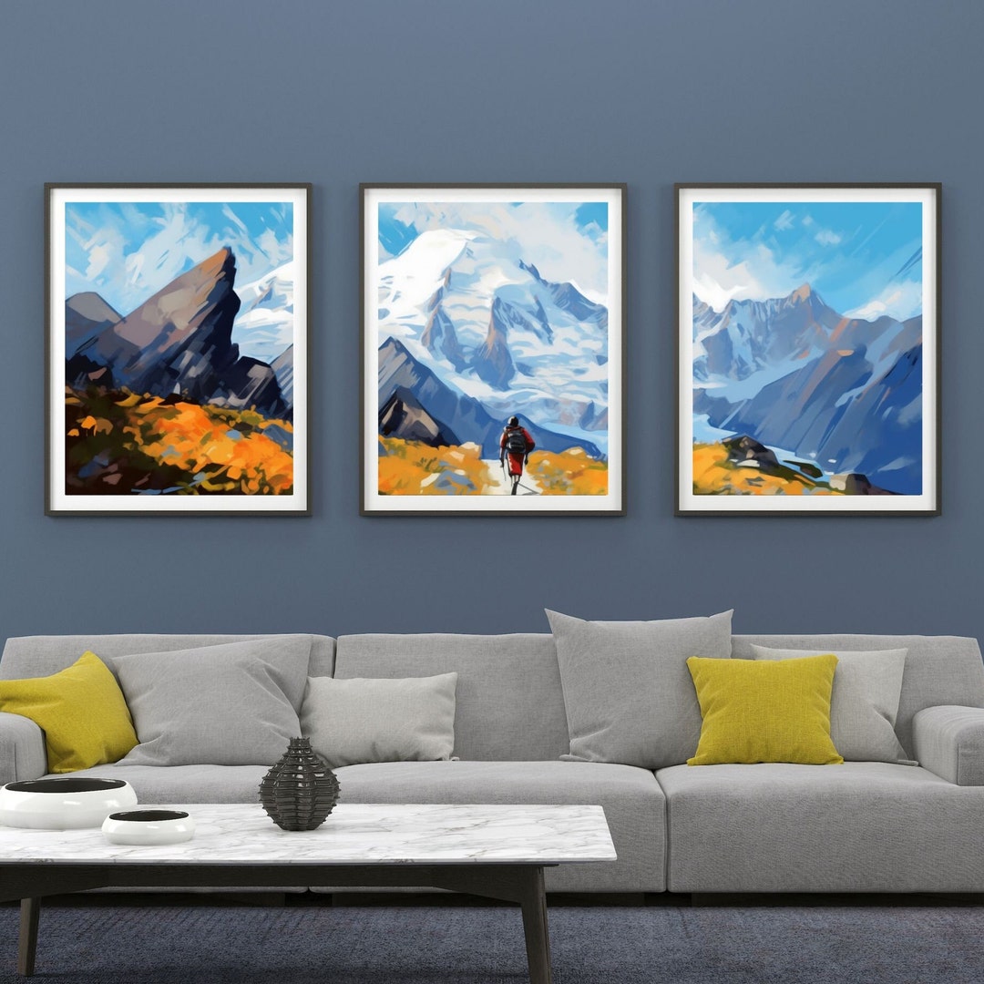 Mont Blanc Art Set of 3 Hiking Wall Art Prints Mountain Artwork Alps ...
