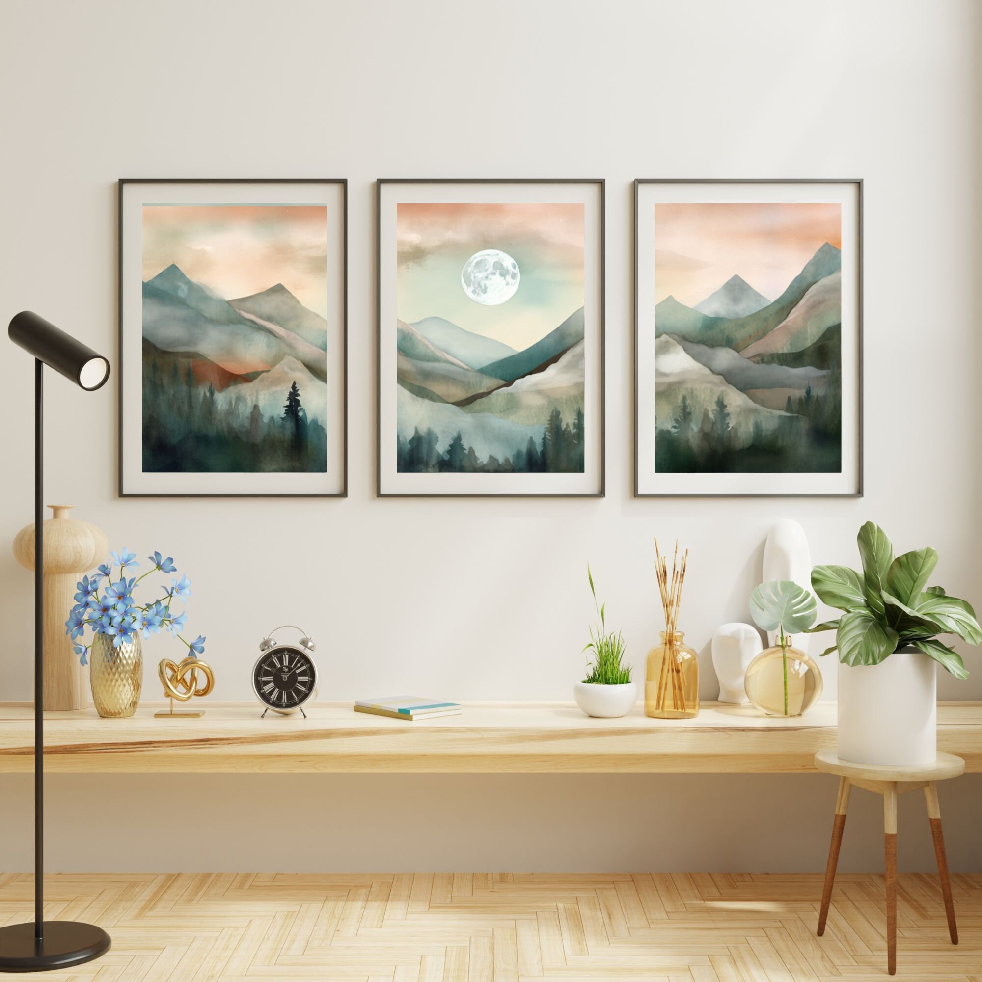 Boho Triptych: Serene Pastel Peaks Wall Art Set of 3 in Boho Pastel ...