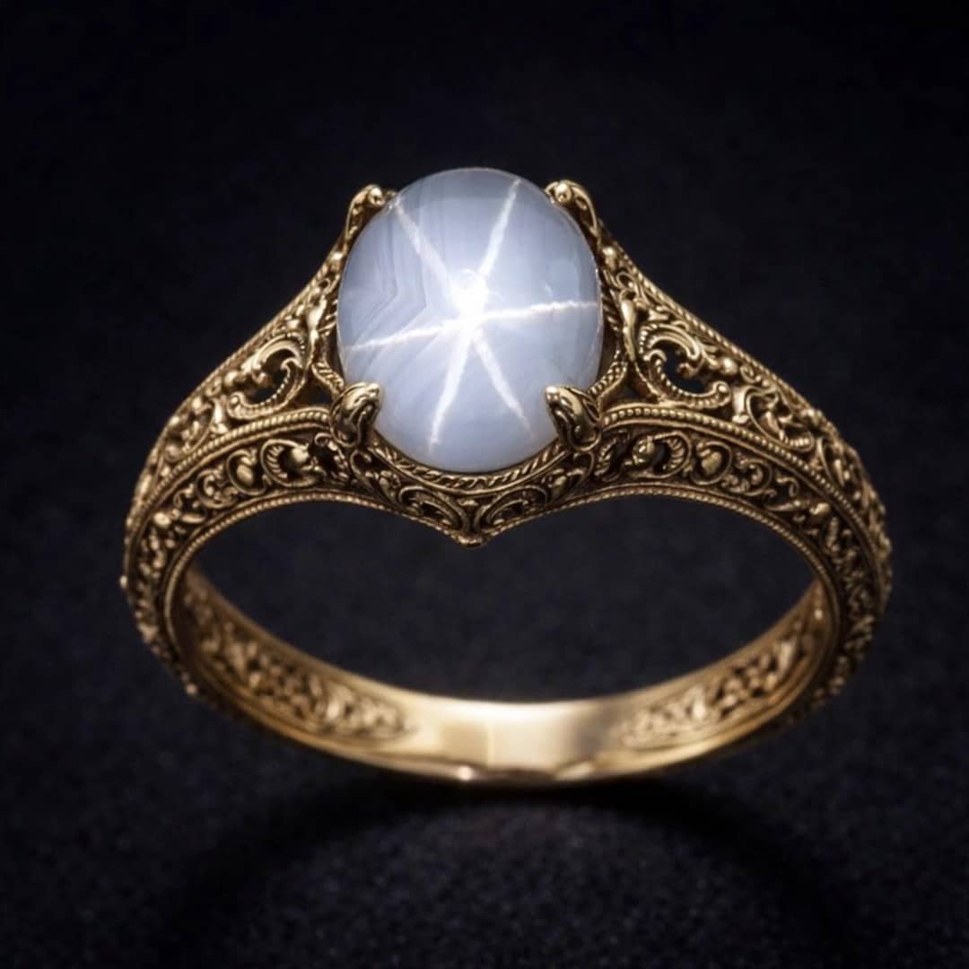 Victorian Star Sapphire Ring – Antique Style Engraved Filigree ...