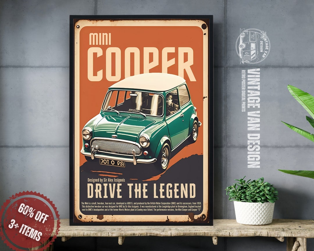 Mini Cooper Vintage Advertisement Poster Retro Travel British Digital ...