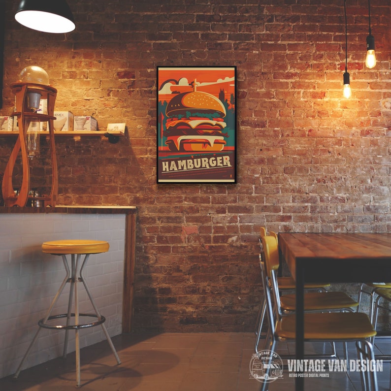 Vintage Hamburger Ad Digital Art Poster Retro Style Burger Advertisment ...
