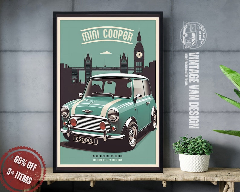 Mini Cooper Vintage Advertisement Poster Retro Travel British Digital ...