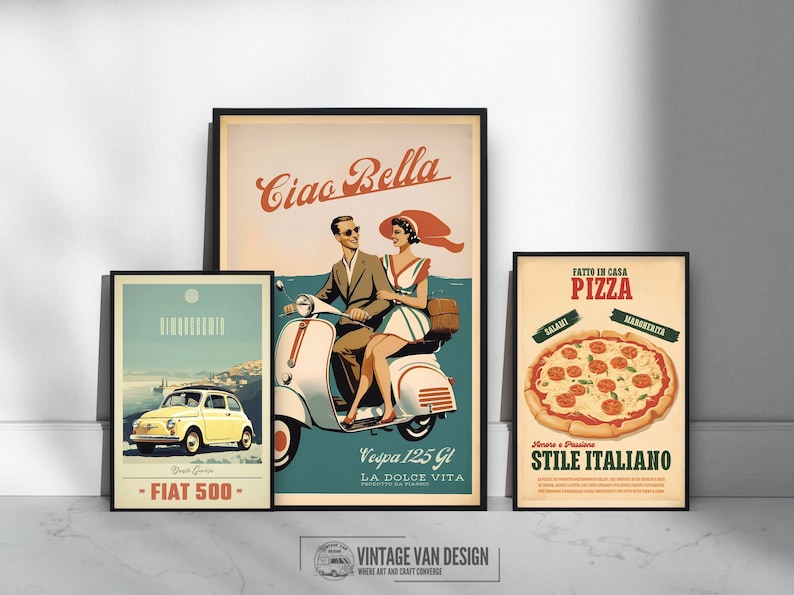 Italy Travel Poster Set: Vintage Vespa, Fiat 500, Pizza (digital ...