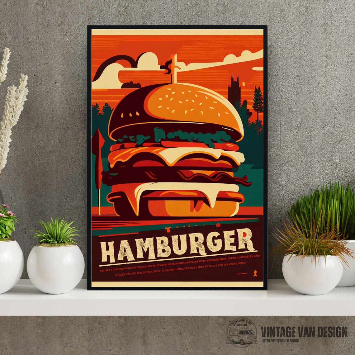 Vintage Hamburger Ad Digital Art Poster Retro Style Burger Advertisment ...
