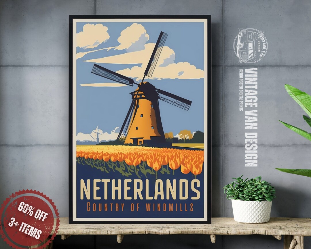 Netherlands Windmill Poster: Retro Dutch Travel Print (digital Download ...