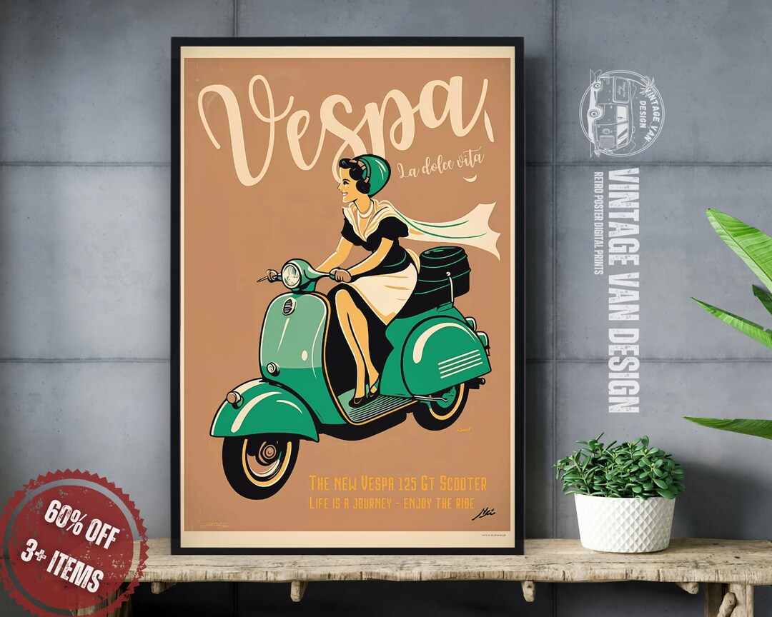 Vespa Vintage Advertisement Poster Retro Italian Travel Digital Art ...