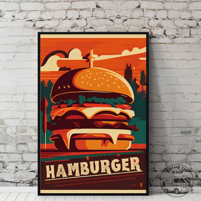 Vintage Hamburger Ad Digital Art Poster Retro Style Burger Advertisment ...
