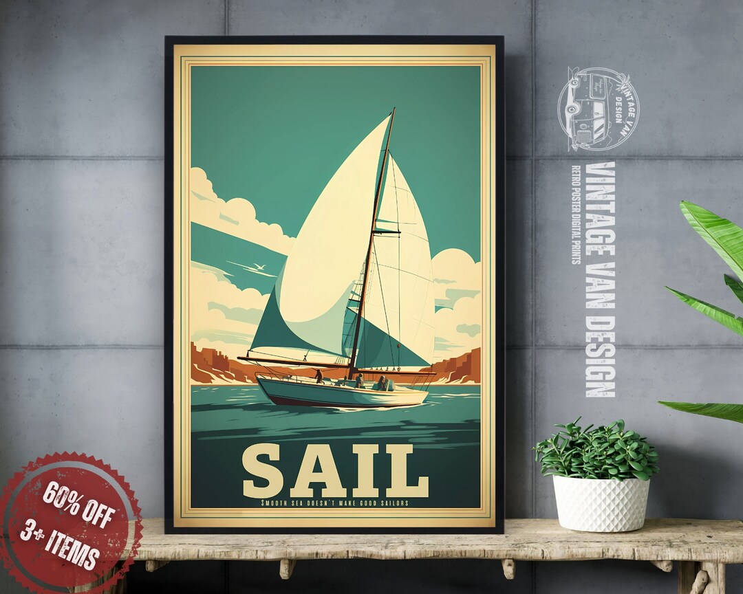 Retro Sailing Boat Print: Vintage Nautical Travel Poster (digital ...