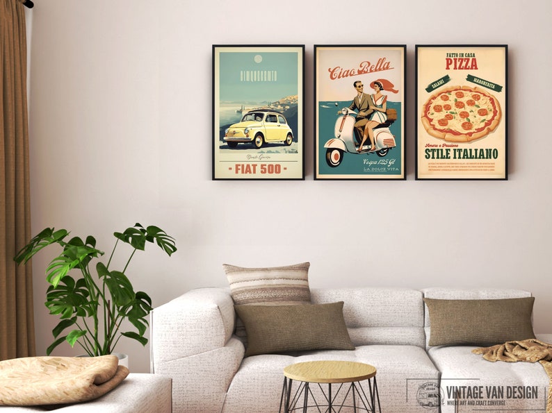 Italy Travel Poster Set: Vintage Vespa, Fiat 500, Pizza (digital ...