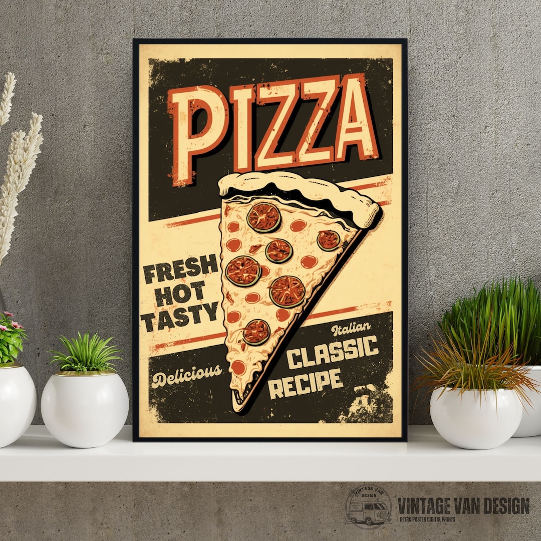Vintage Pizza Advertisement Digital Art Poster Retro Style Fast Food ...