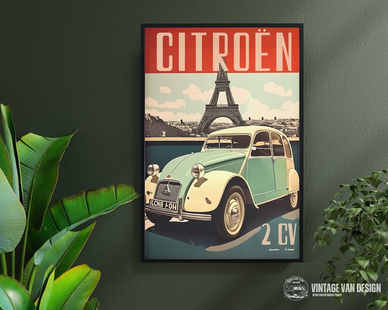 Citroen 2CV Vintage Travel Poster: Paris Retro Car Print (digital ...