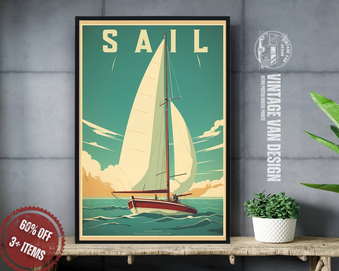 Retro Sailing Boat Print: Vintage Nautical Travel Poster (digital ...