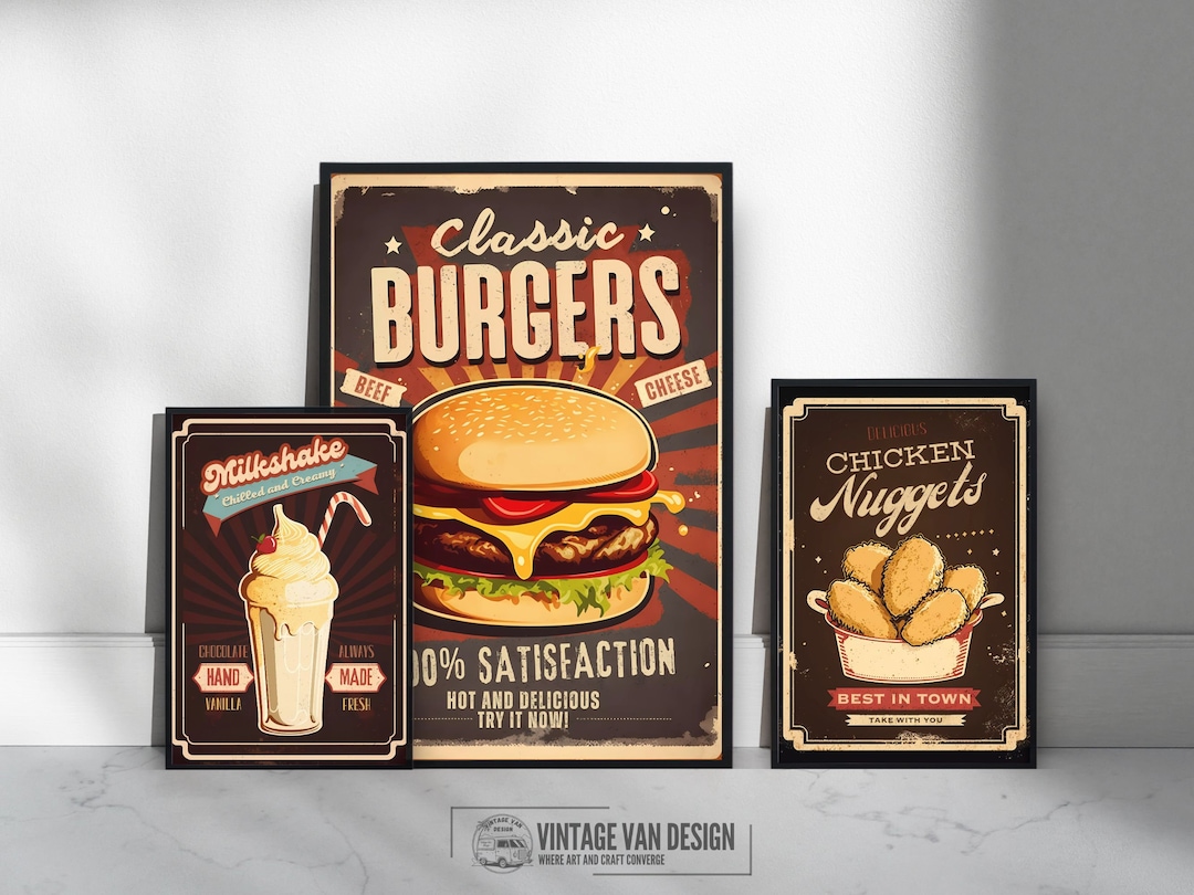 Retro Fast Food Prints Set of 3 Printable Wall Art I Retro Cheeseburger ...