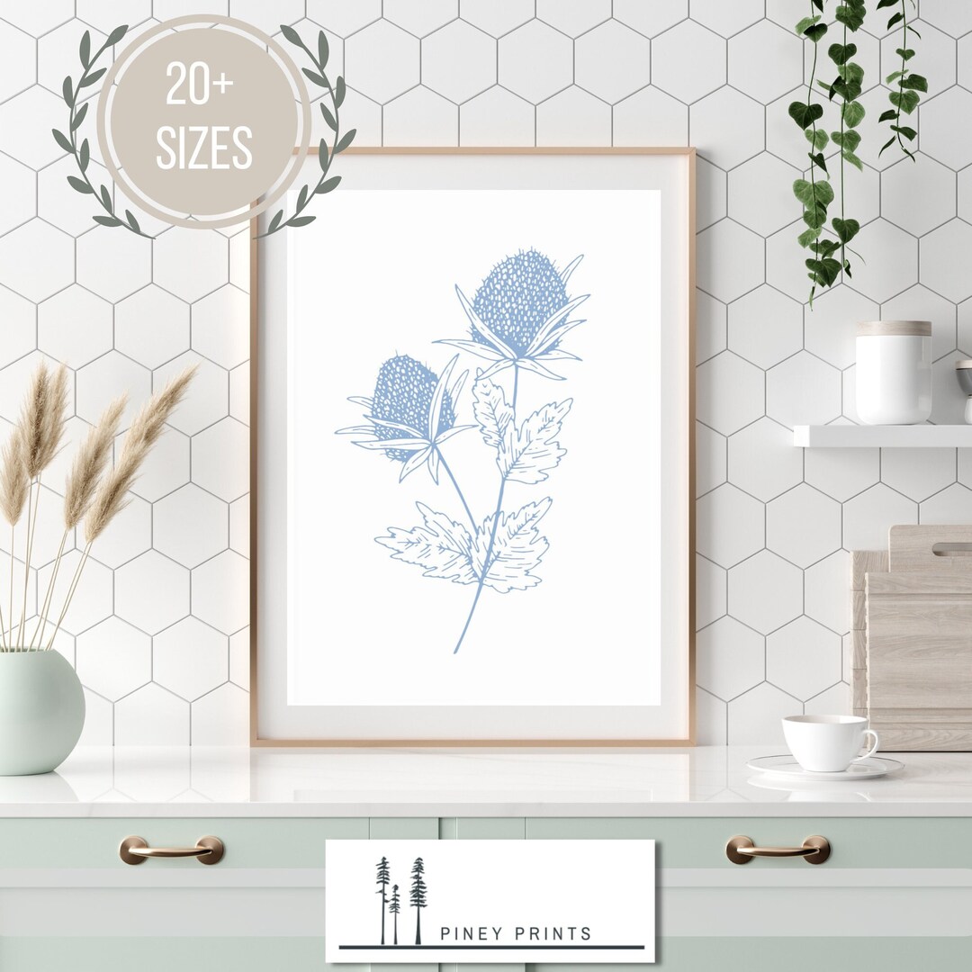 Minimalist Flower Art Simple Aesthetic Design Blue Floral Wall Decor ...